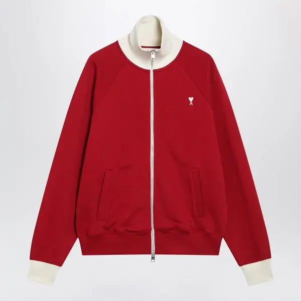 AMI Paris De Coeur Zip-up Sweatshirt In Cotton, /ivory - Red