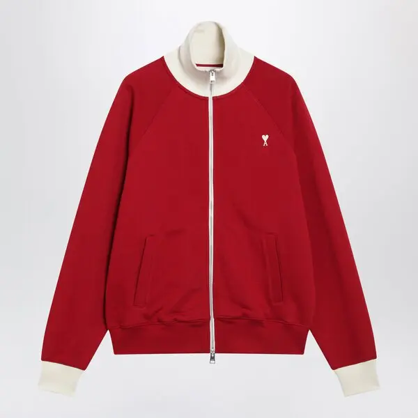 AMI Paris De Coeur Zip-up Sweatshirt In Cotton, /ivory - Red