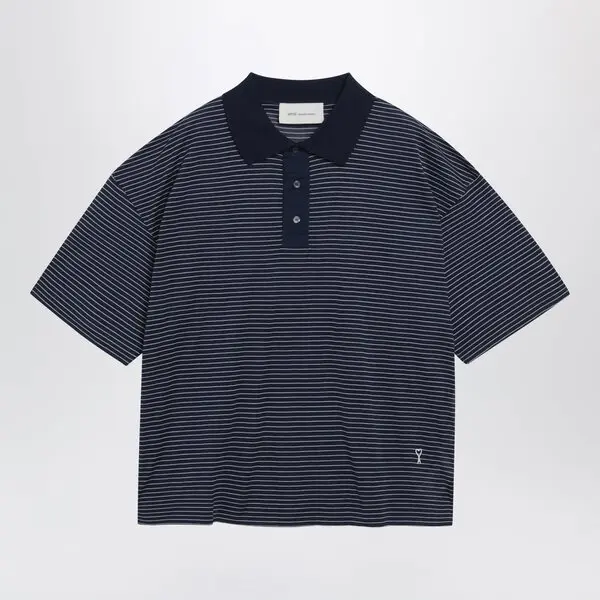 AMI Paris Blue/white Striped De Coeur Polo - Black