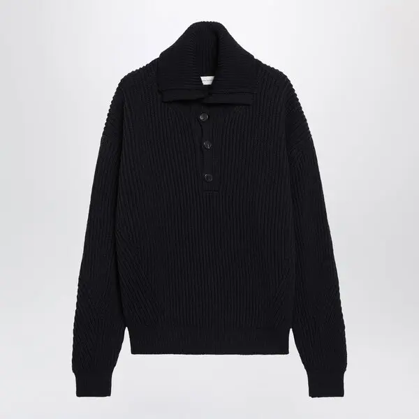 Dries Van Noten Navy Ribbed Sweater In Wool - Blue