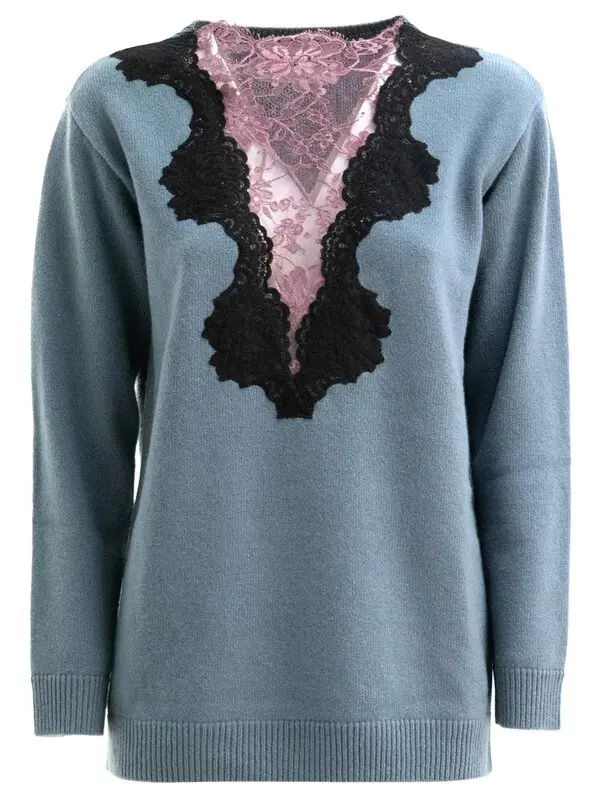 Valentino Garavani Maglia In Lana Con Scollo A V E Inserti In Pizzo - Blue
