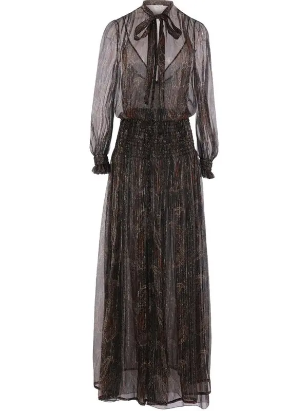 Saint Laurent Semi-sheer Lavallière Maxi Dress In Lurex Paisley - Brown