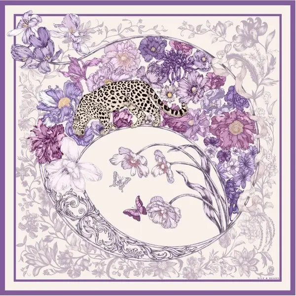 SILK AND BEARS Lilac & Violet Leopard Silk Twill Scarf – Printed Mulberry Silk, Hand-rolled Hem - Purple