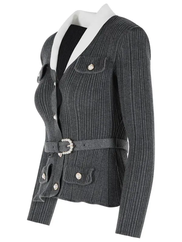 SELF-PORTRAIT Ribbed Cardigan In Grey Viscose Blend - Gray