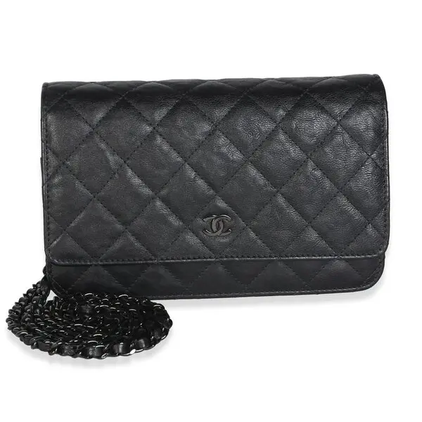 Chanel Crumpled Quilted Calfskin Wallet On Chain - Black