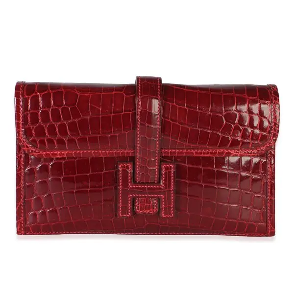 Hermès Rouge H Shiny Crocodile Niloticus Jige Clutch - Red