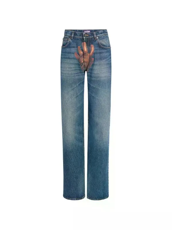 JEAN PAUL GAULTIER Wide Leg Denim Pants With Gloves Print On Front - Blue