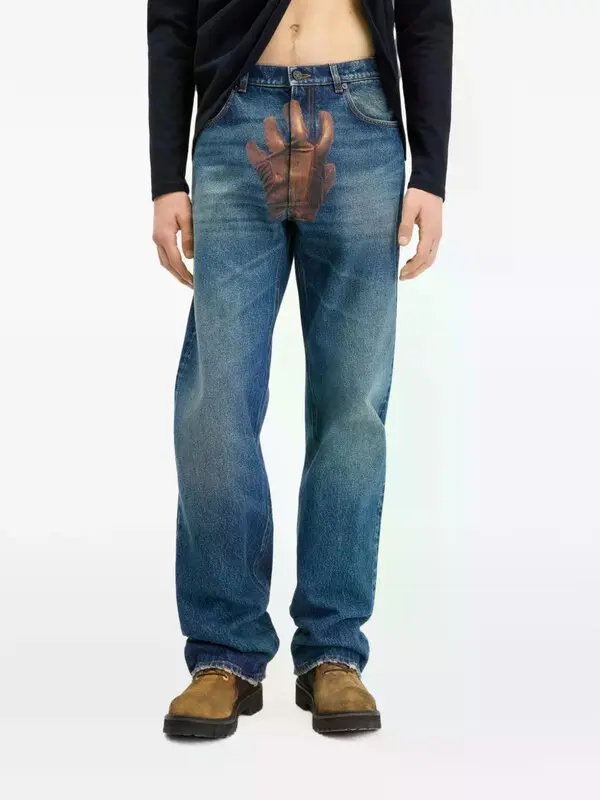 JEAN PAUL GAULTIER Wide Leg Denim Pants With Gloves Print On Front