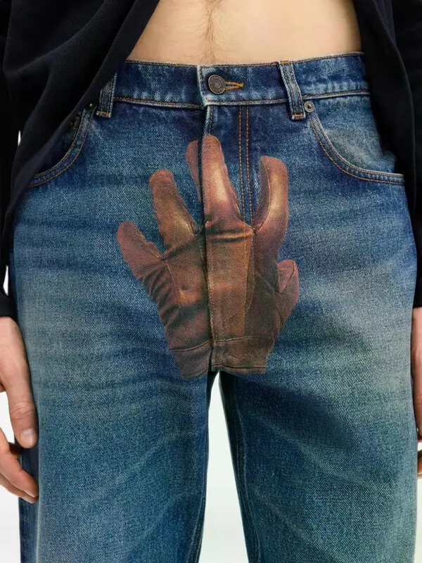 JEAN PAUL GAULTIER Wide Leg Denim Pants With Gloves Print On Front