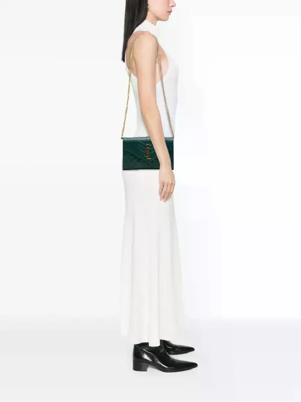 Saint Laurent 2021 Grain De Poudre Triquilt Monogram Envelope Wallet On Chain Crossbody Bag - Green