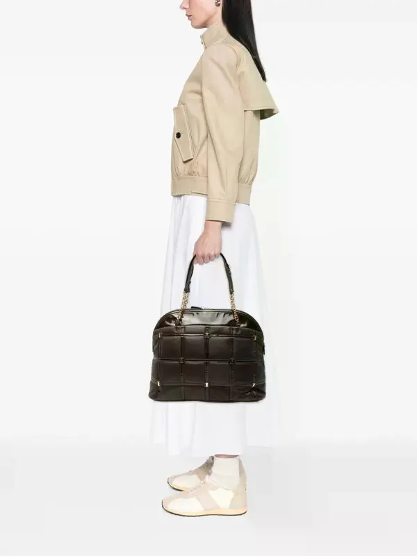 FERRAGAMO 2000-2010 Quilted Calfskin And Patent Grid Dome Tote Bag - Brown