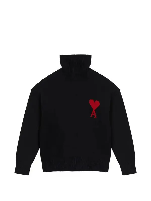 AMI Paris Funell-neck Wool Sweater With De Coeur - Black