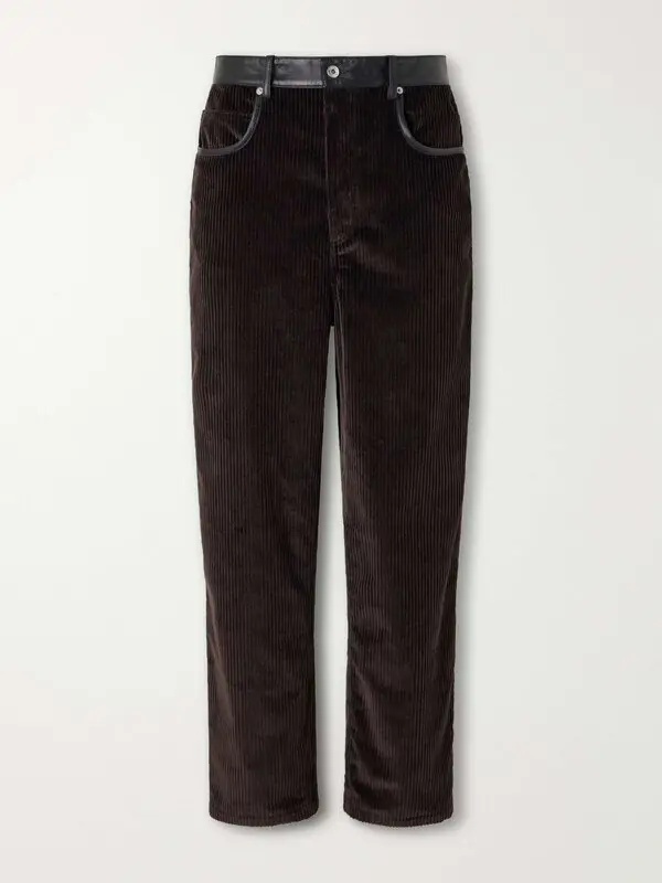 Bottega Veneta Straight-leg Leather-trimmed Cotton-corduroy Trousers - Brown