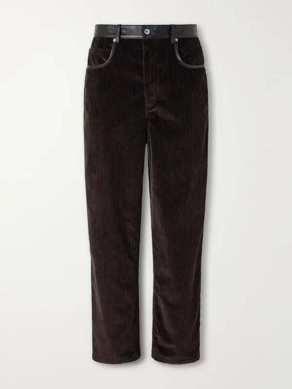 Bottega Veneta Straight-leg Leather-trimmed Cotton-corduroy Trousers - Brown