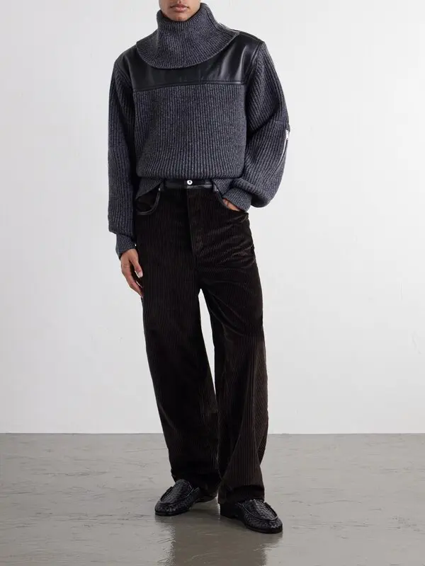 Bottega Veneta Straight-leg Leather-trimmed Cotton-corduroy Trousers - Brown