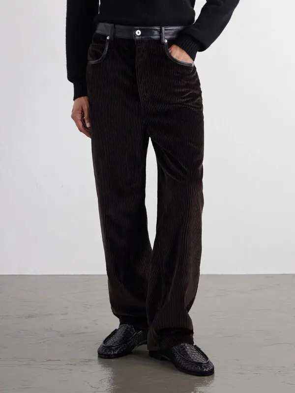 Bottega Veneta Straight-leg Leather-trimmed Cotton-corduroy Trousers - Brown
