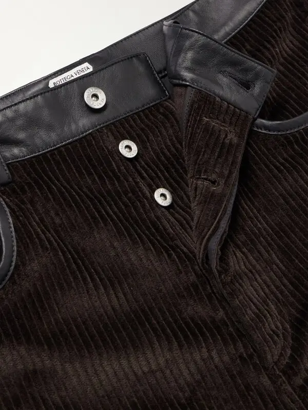 Bottega Veneta Straight-leg Leather-trimmed Cotton-corduroy Trousers - Brown