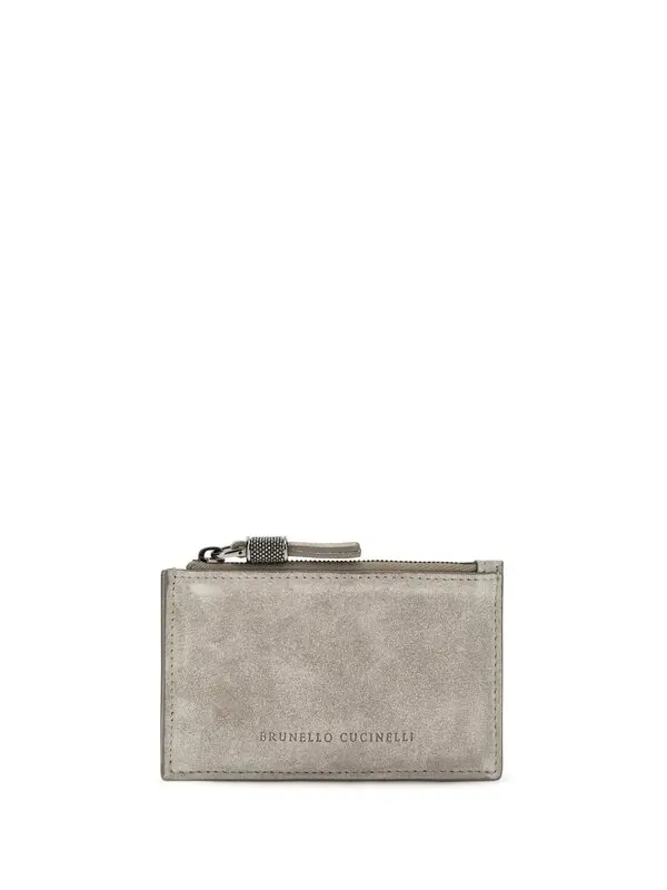 Brunello Cucinelli Suede Card Holder With Shiny Zipper Pull - Gray