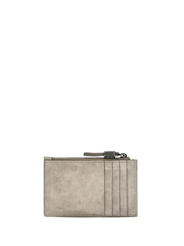 Brunello Cucinelli Suede Card Holder With Shiny Zipper Pull - Gray