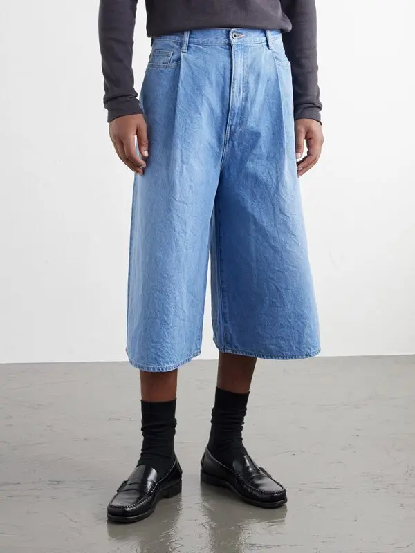 Kapital Wide-leg Pleated Denim Shorts
