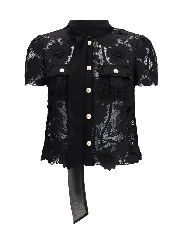 SELF-PORTRAIT Tie-neck Top - Black