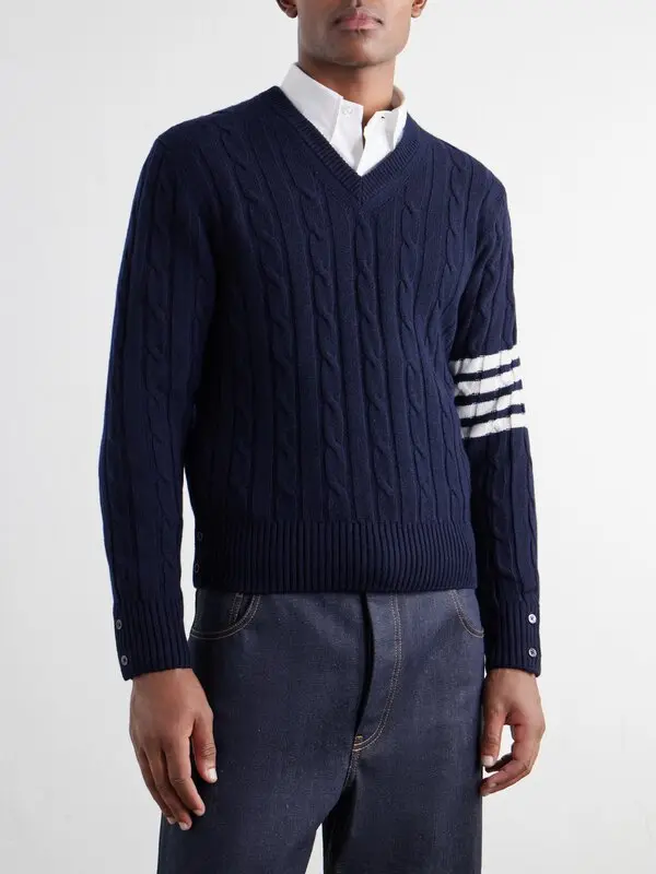 Thom Browne 4-bar Stripe Cable-knit Cashmere Sweater - Blue