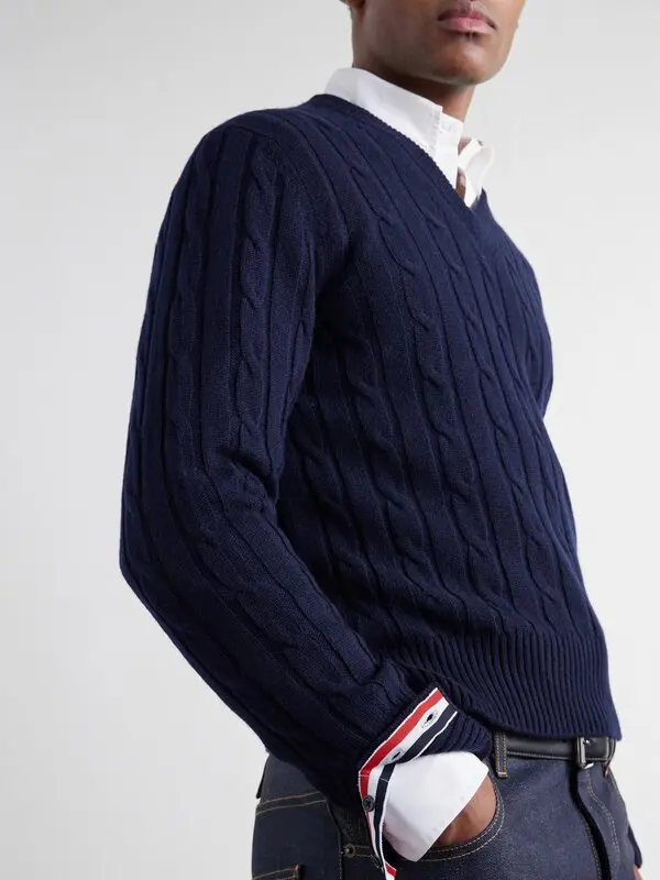 Thom Browne 4-bar Stripe Cable-knit Cashmere Sweater - Blue