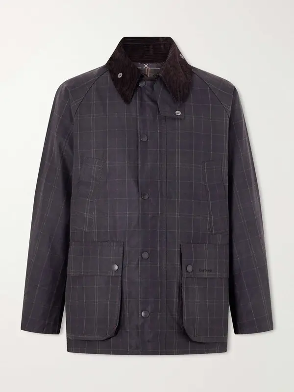 Barbour Checked Corduroy-trimmed Waxed-cotton Jacket - Navy