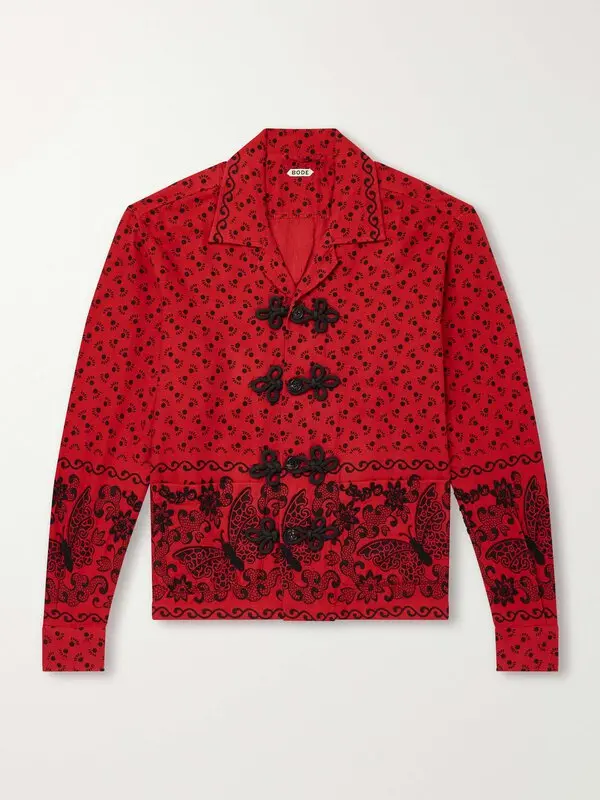 BODE Camp-collar Embellished Printed Cotton-poplin Shirt