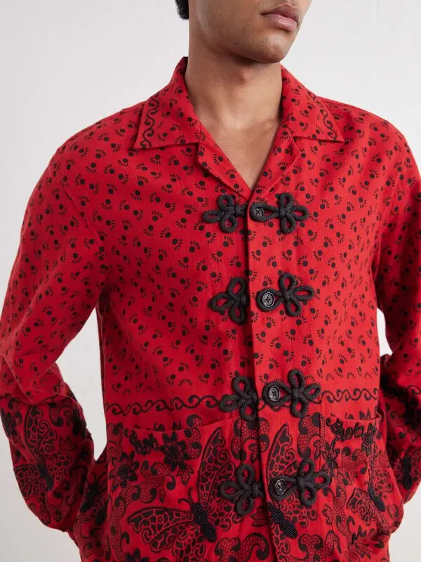 BODE Camp-collar Embellished Printed Cotton-poplin Shirt