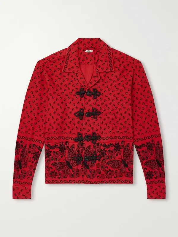 BODE Camp-collar Embellished Printed Cotton-poplin Shirt