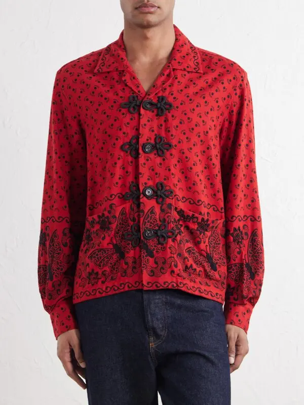 BODE Camp-collar Embellished Printed Cotton-poplin Shirt
