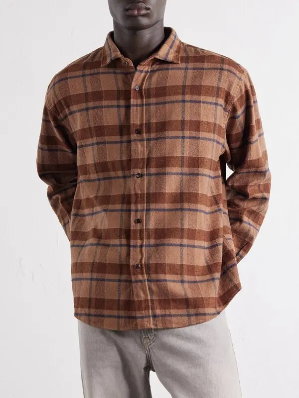 A.PRESSE Checked Cotton And Silk-blend Twill Shirt - Brown