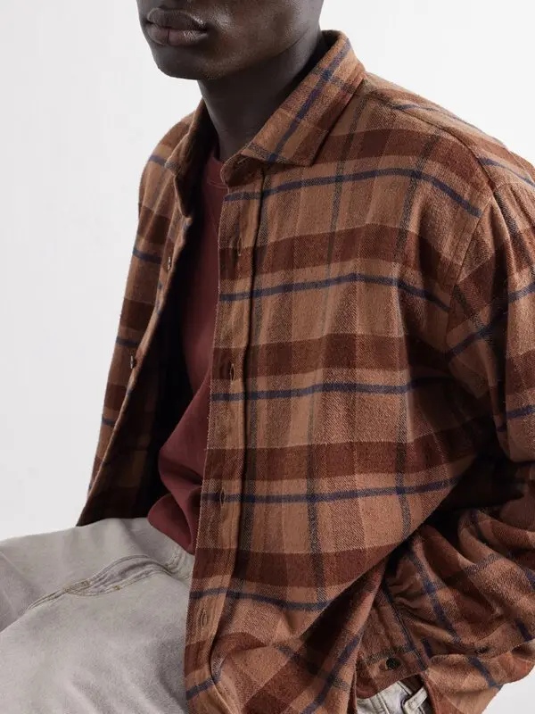 A.PRESSE Checked Cotton And Silk-blend Twill Shirt - Brown