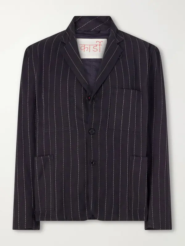 KARDO Somesh Embroidered Striped Herringbone Cotton Suit Jacket - Blue