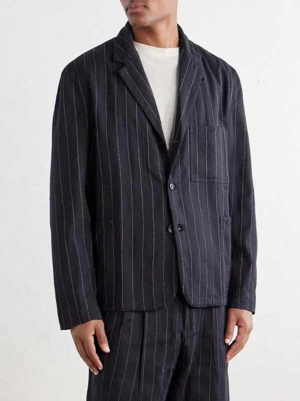 KARDO Somesh Embroidered Striped Herringbone Cotton Suit Jacket - Blue