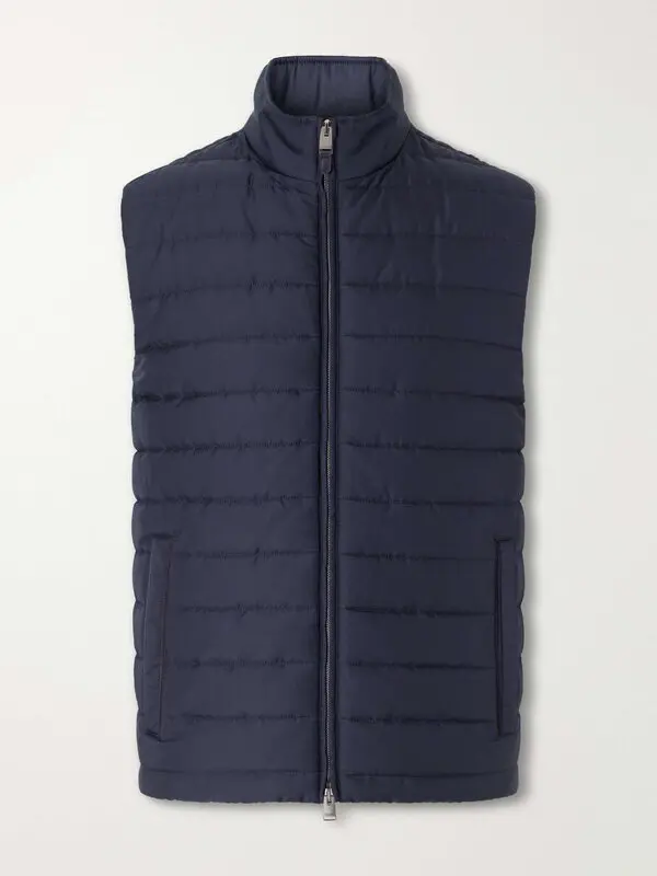 Canali Leather-trimmed Quilted Shell Gilet - Navy