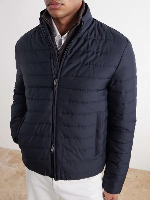 Canali Leather-trimmed Quilted Shell Bomber Jacket