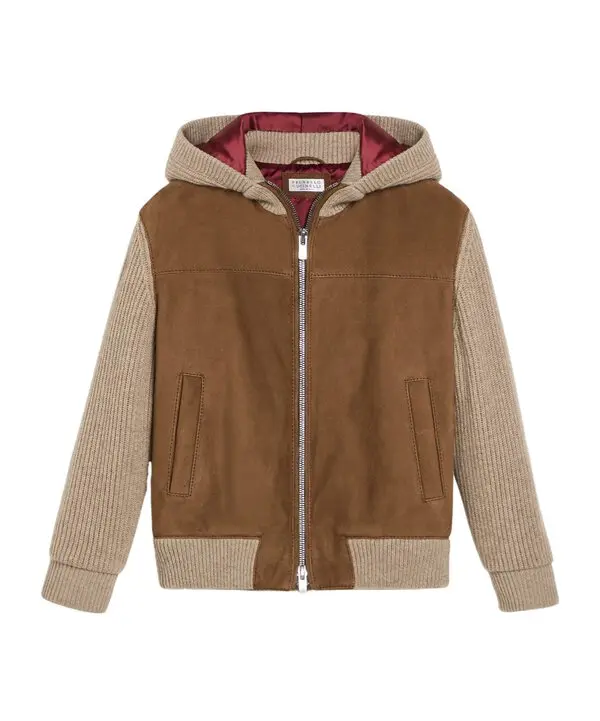 Brunello Cucinelli Suede And Cashmere English Rib Knit Outerwear Jacket With Hood - Brown