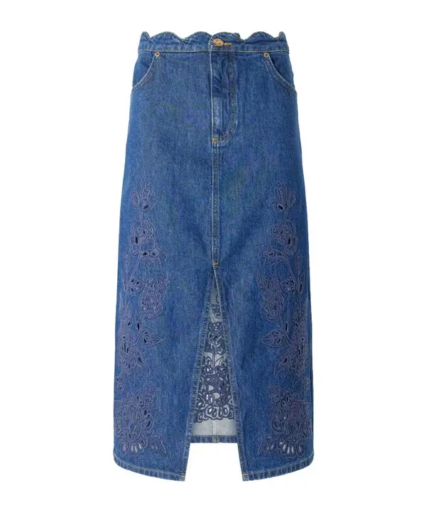 Farm Rio Embroidered Denim Skirt