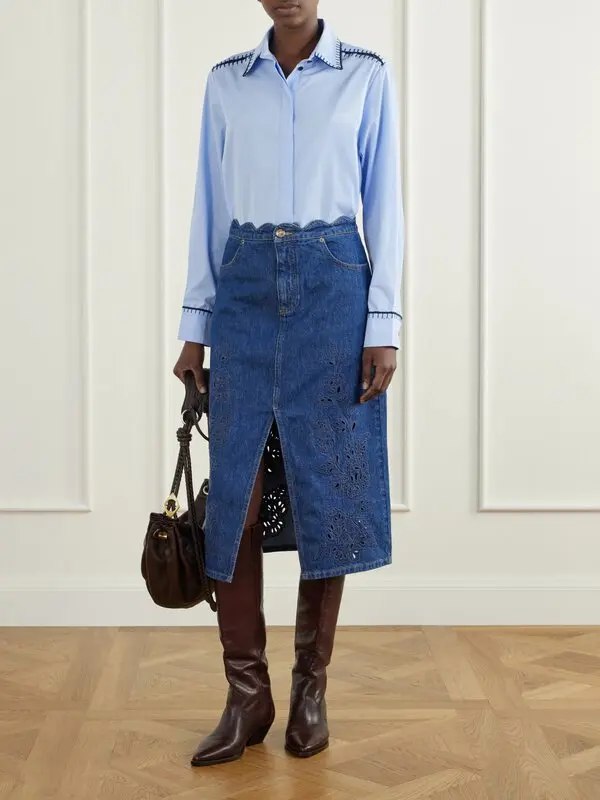Farm Rio Embroidered Denim Skirt
