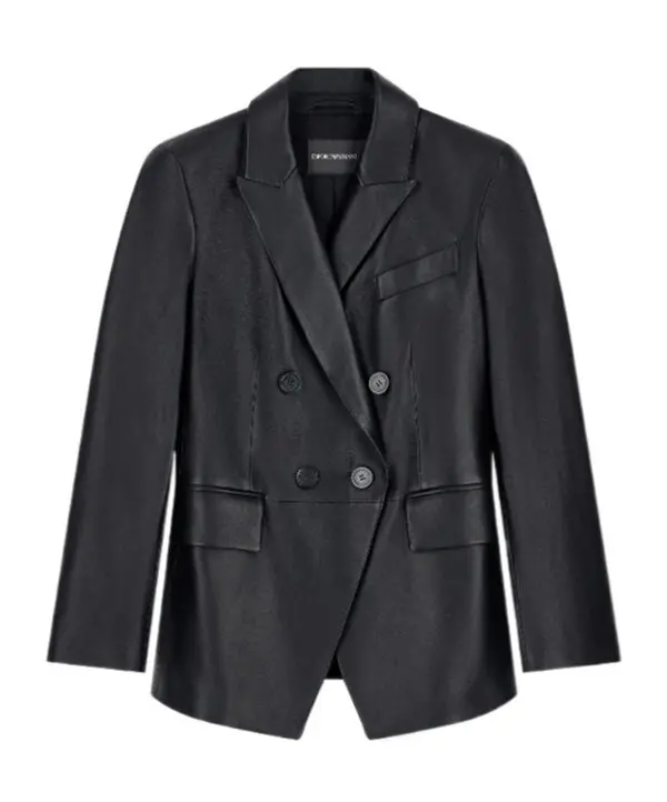 Emporio Armani Slim-fit Double-breasted Blazer In Semi-glossy Leather - Black