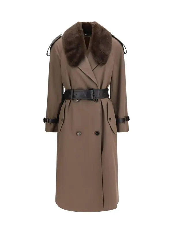 Burberry Long Cotton Trench Coat With Buffalo Leather Collar - Brown