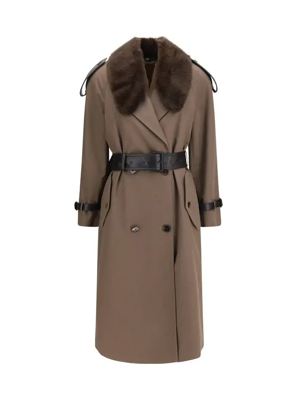 Burberry Long Cotton Trench Coat With Buffalo Leather Collar - Brown