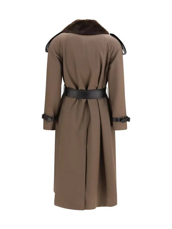 Burberry Long Cotton Trench Coat With Buffalo Leather Collar