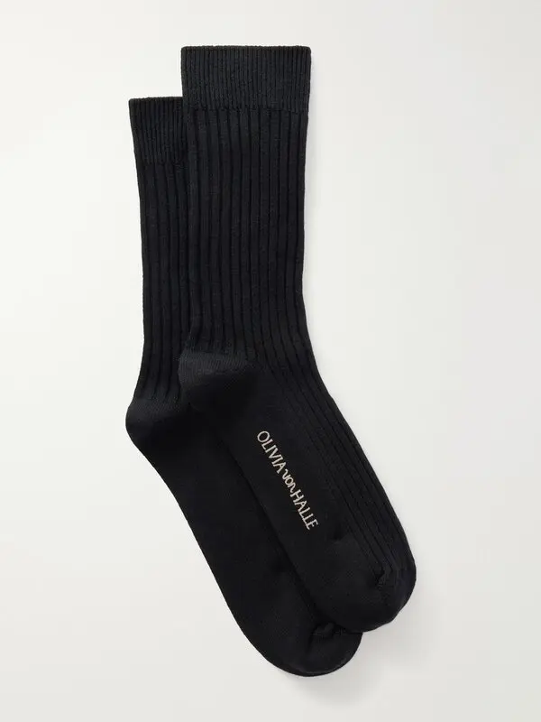 Olivia Von Halle Spencer Ribbed Silk And Cashmere-blend Socks - Black