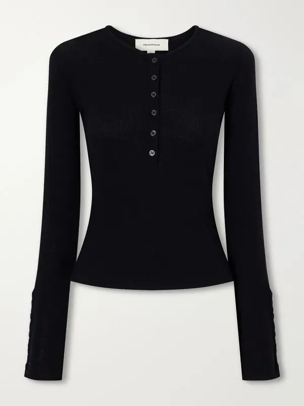 MFPEN Ribbed Merino Wool-jersey Henley Top - Black