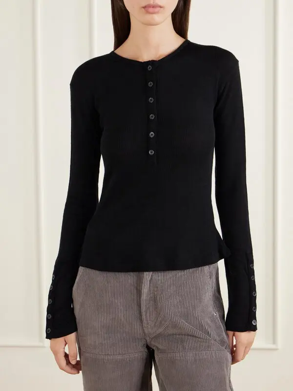 MFPEN Ribbed Merino Wool-jersey Henley Top - Black