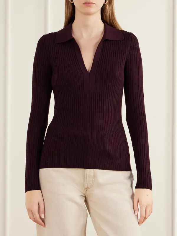 JOSEPH Ribbed Wool-blend Polo Sweater - Brown