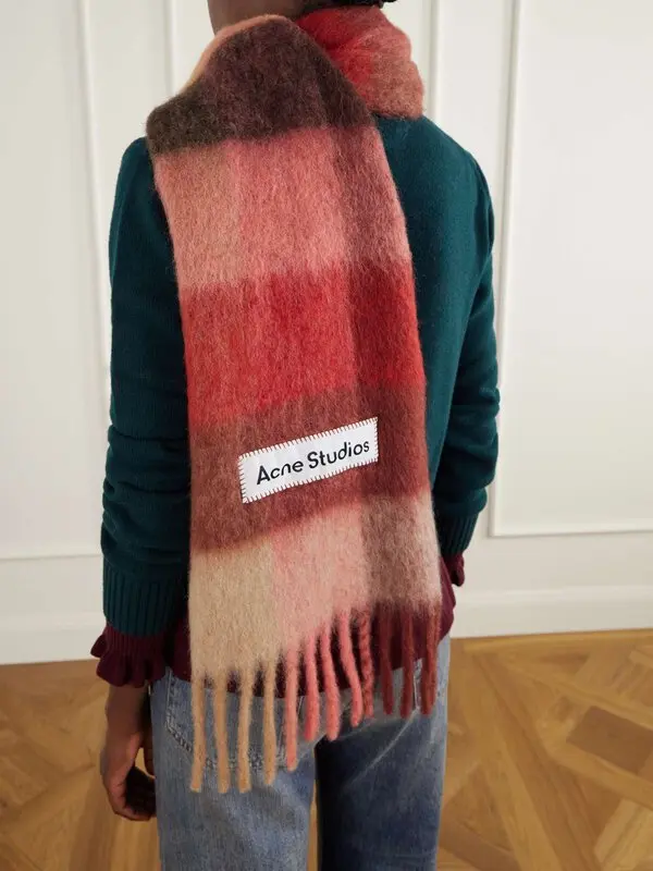 Acne Studios Fringed Checked Brushed Alpaca, Wool And Mohair-blend Scarf